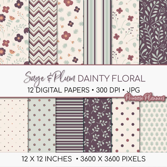 Dainty Floral Digital Paper Pack Digital Sage and Plum Paper | Etsy