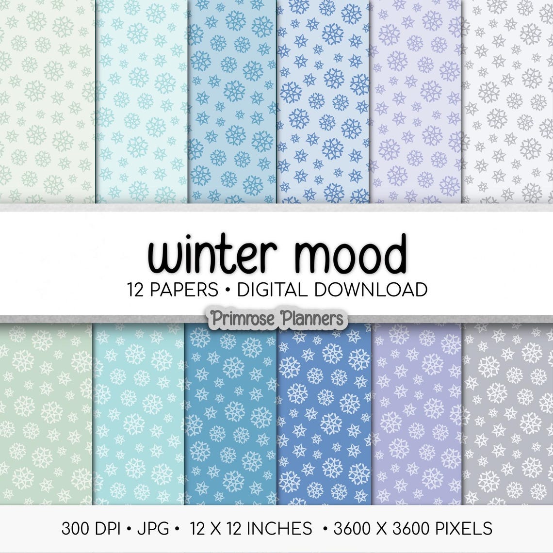 Winter Snowflake Digital Paper, Cool Tone Green Aqua Blue Purple Grey ...