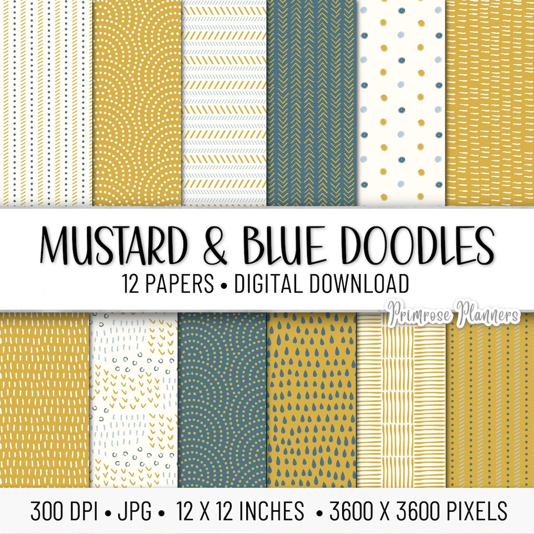 Mustard and Navy Doodles Digital Paper Pack Mustard Pattern Paper ...