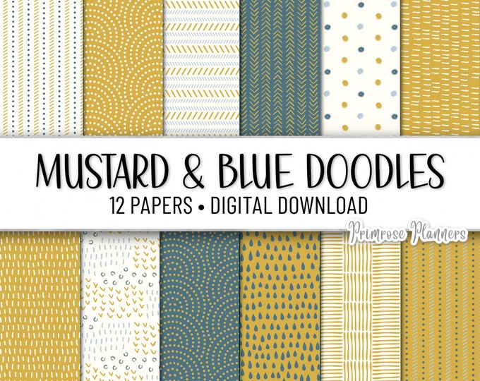Organic Geometric Digital Paper Patterns in Mustard, Navy & Jade for ...