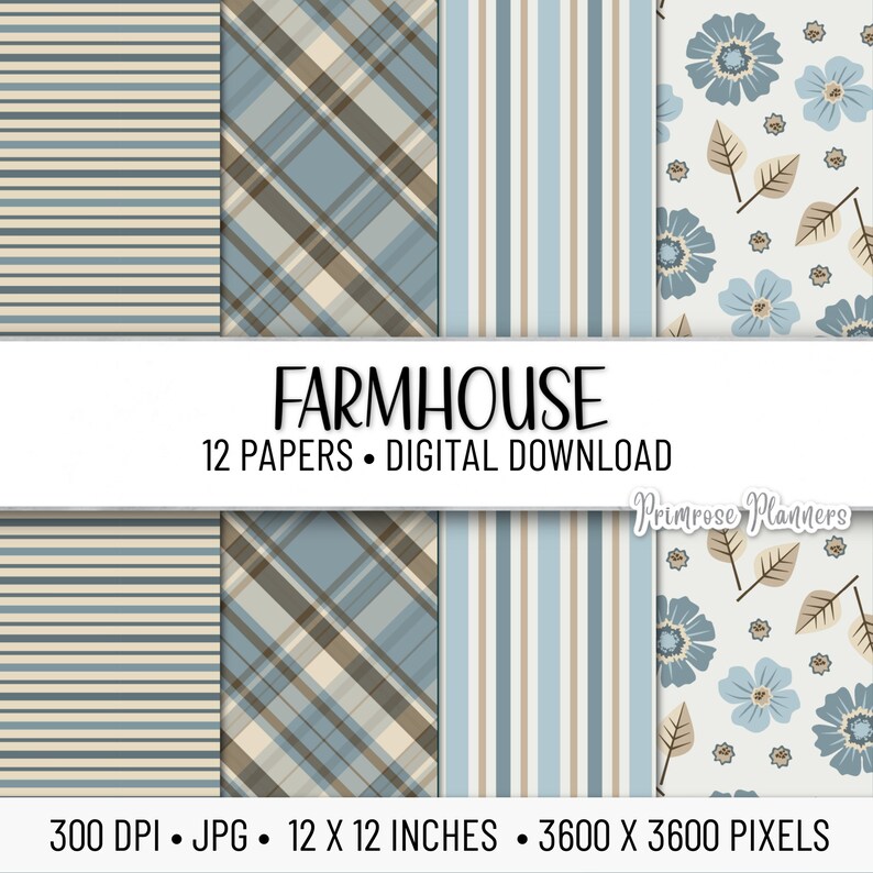 Farmhouse Digital Paper Pack Digital Plaid Paper Floral - Etsy
