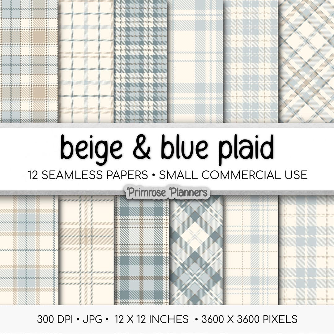 Seamless Blue and Beige Plaid Digital Paper, Cream Buffalo Check ...