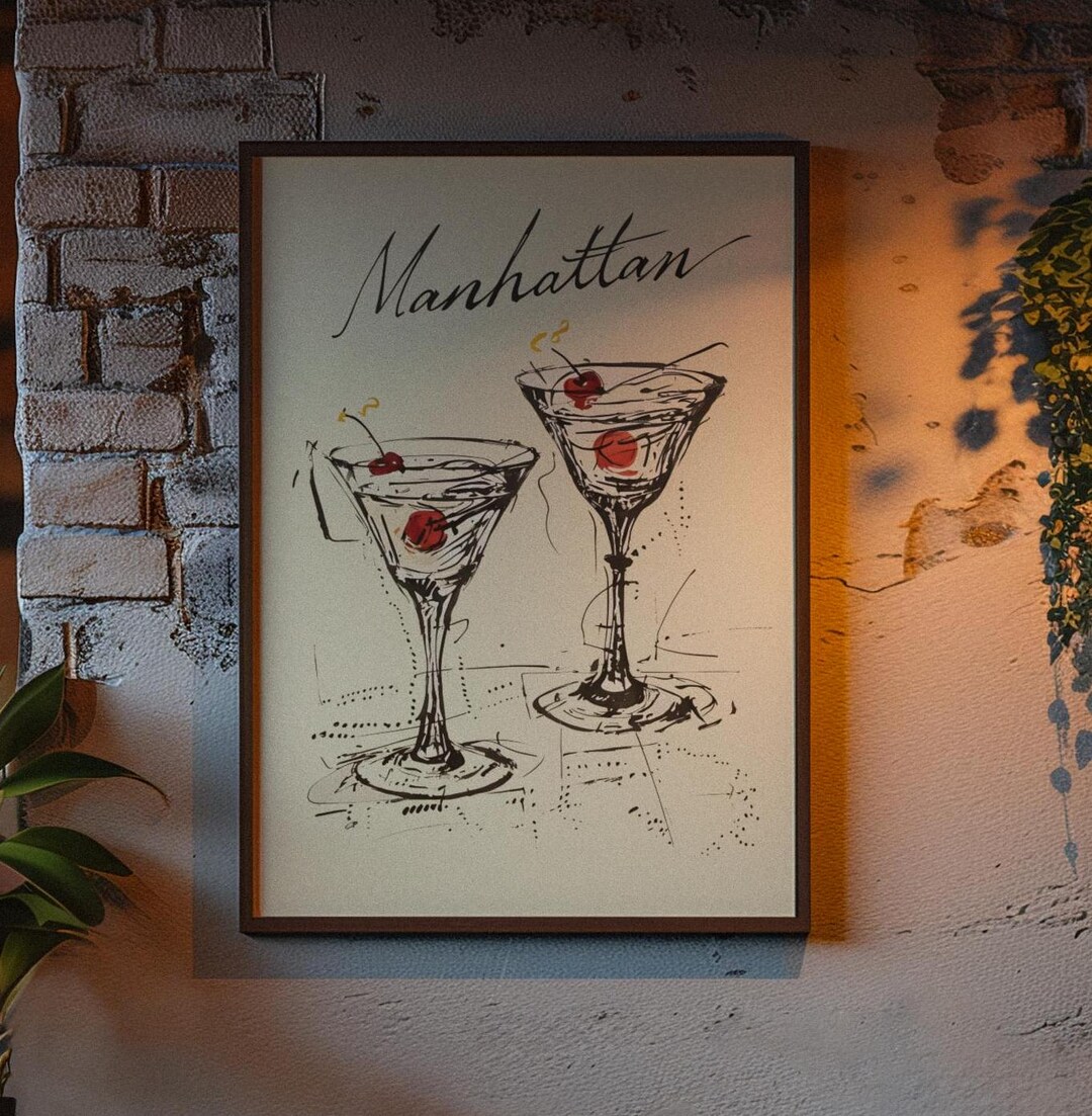 Manhattan Line Art Poster, Wall Decor Print, Cocktail Lover Gift, Bar ...