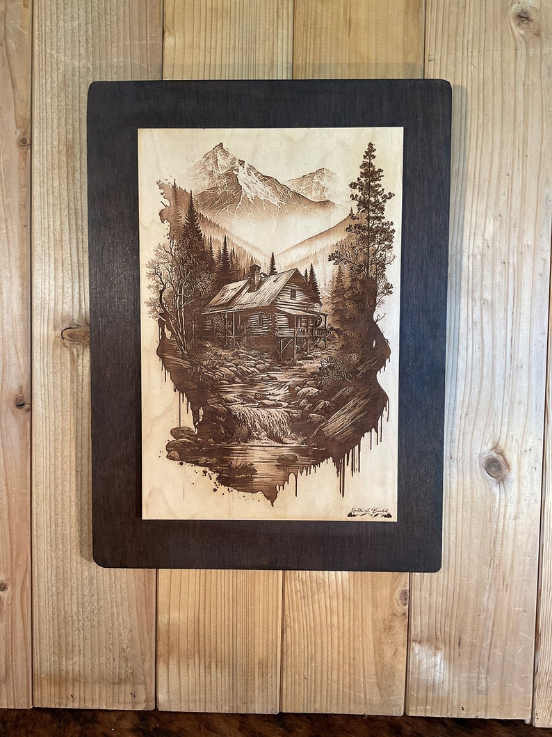 Cabin Picture, Laser Engraved Cabin in a Forest on Wood, 19x14 ...