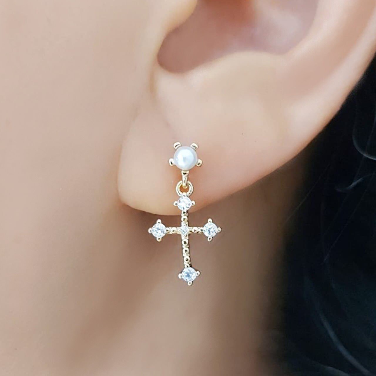 Pearl Cross Earrings Cross Dangle Stud Earrings Cross - Etsy