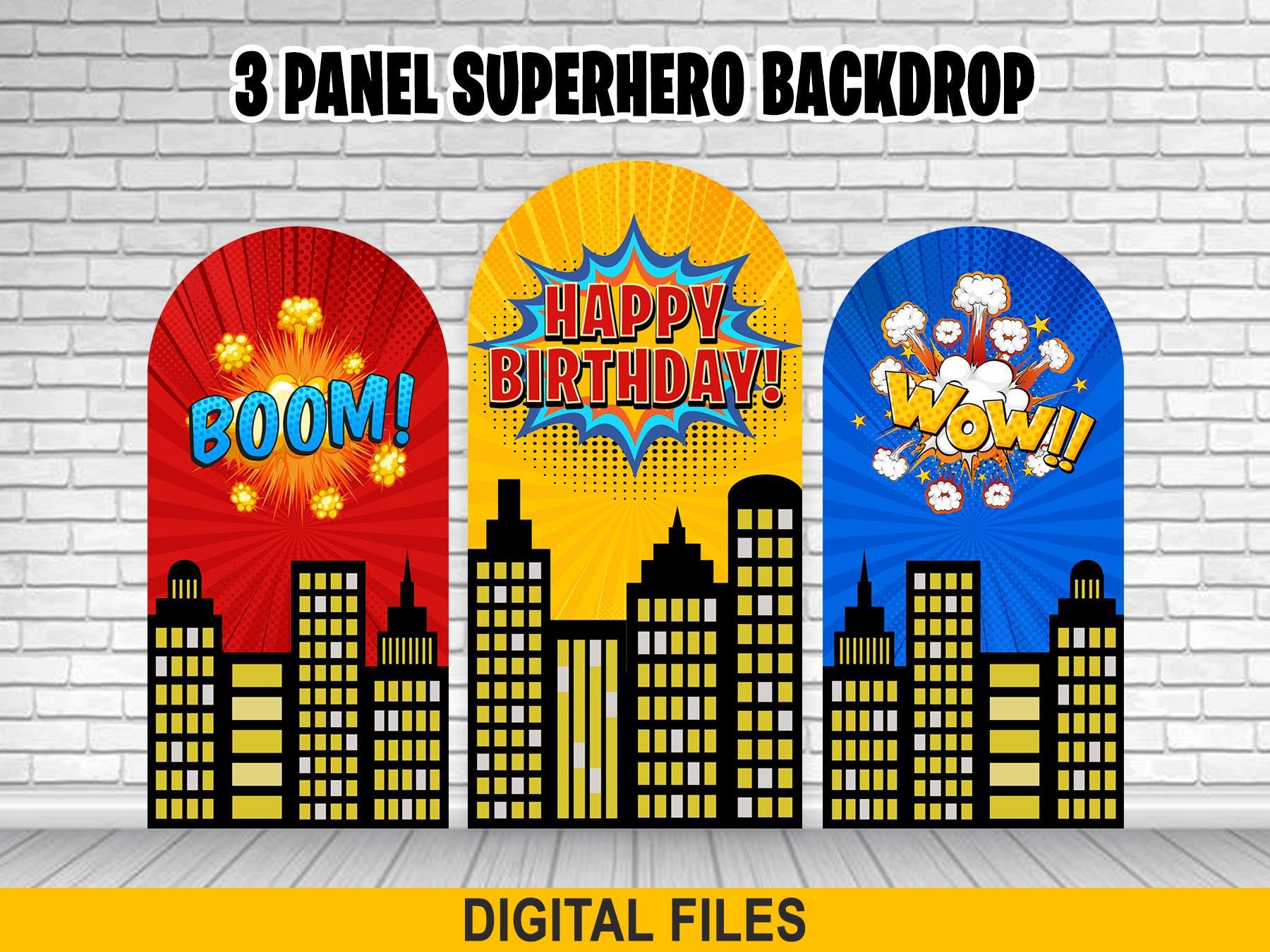 3 Panel Superhero Arch Backdrop – Comic Book Style – Cityscape ...