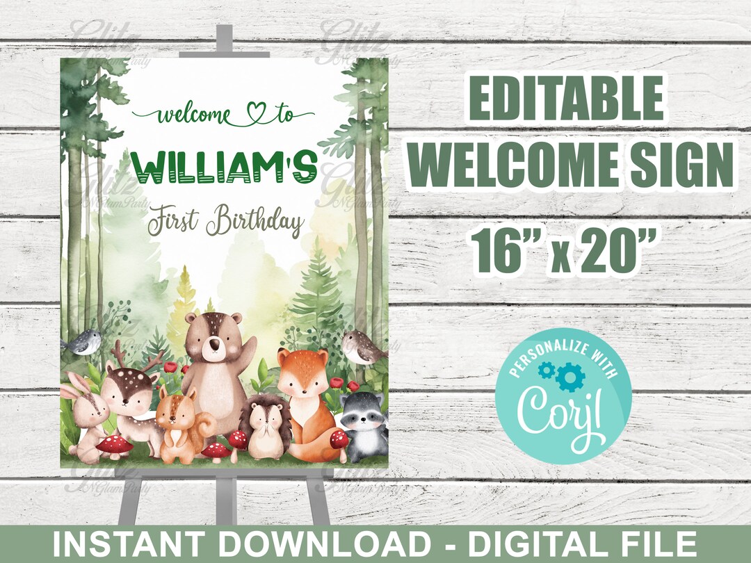 Woodland Wild One Birthday Welcome Sign – Woodland Forest Animals ...
