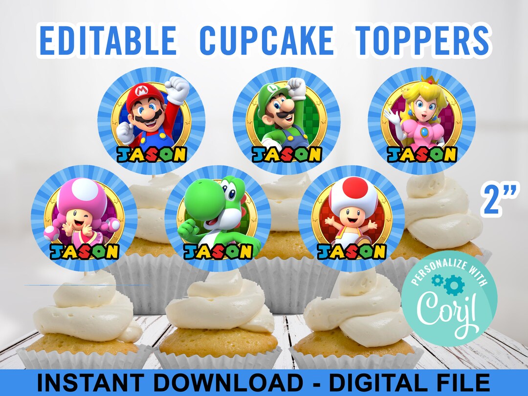Super Mario Bros Cupcake Toppers Mario & Luigi Editable Personalizado 6 ...