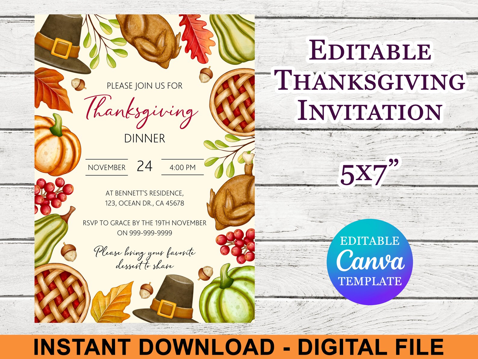 Editable Thanksgiving Dinner Invitation – Editable & Printable ...