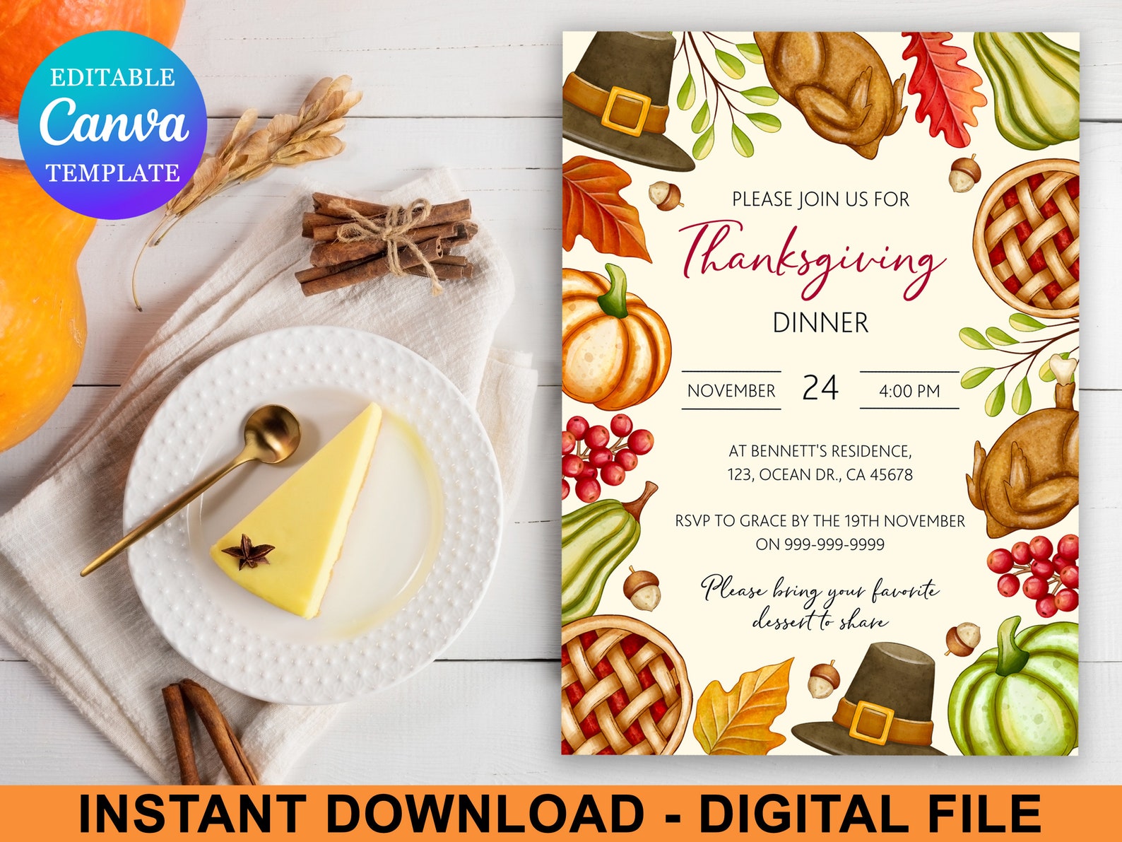 Editable Thanksgiving Dinner Invitation – Editable & Printable ...