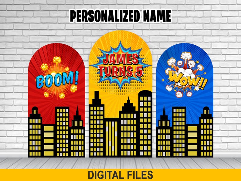 3 Panel Superhero Arch Backdrop Comic Book Style Cityscape Superhero ...