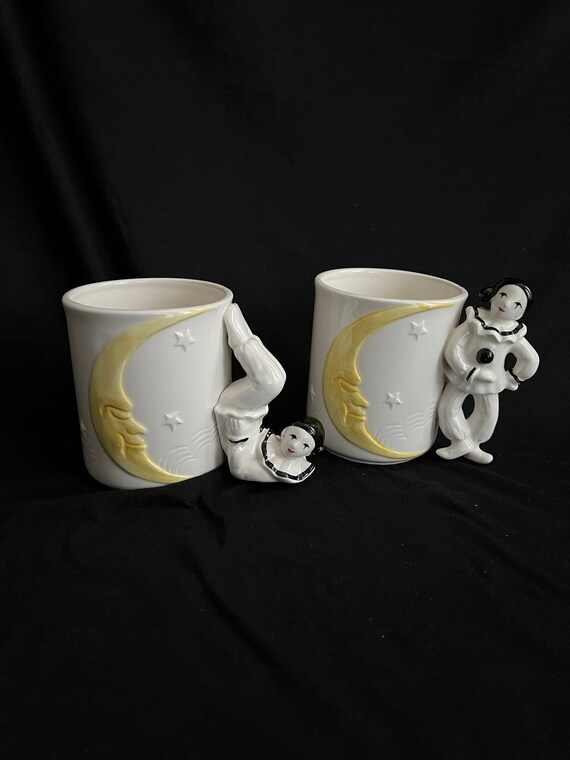 Ceramic Moon Coffee Cups With French Pierrot Clown Mimes on - Etsy