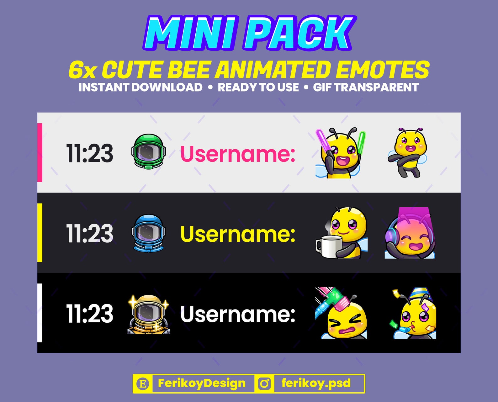 6x Cute Bee Animated Emotes Coffee Jamming Rave Party Wasp Hornet Mini ...
