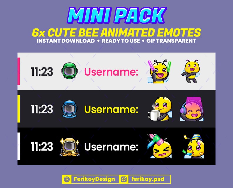 6x Cute Bee Animated Emotes Coffee Jamming Rave Party Wasp Hornet Mini ...