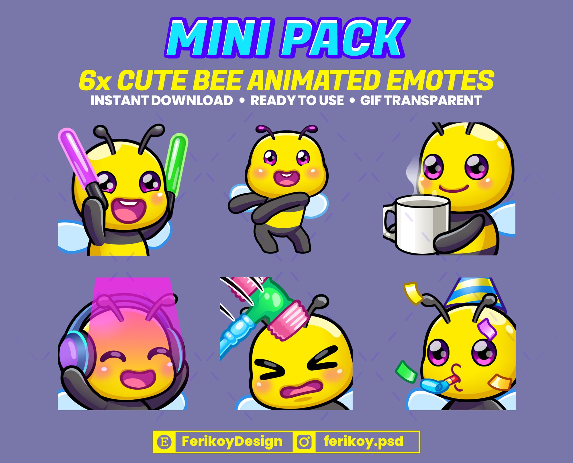 6x Cute Bee Animated Emotes Coffee Jamming Rave Party Wasp Hornet Mini ...