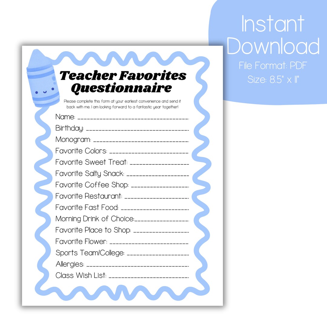 Printable Teacher Favorites Questionnaire - Back to School Teacher Gift ...
