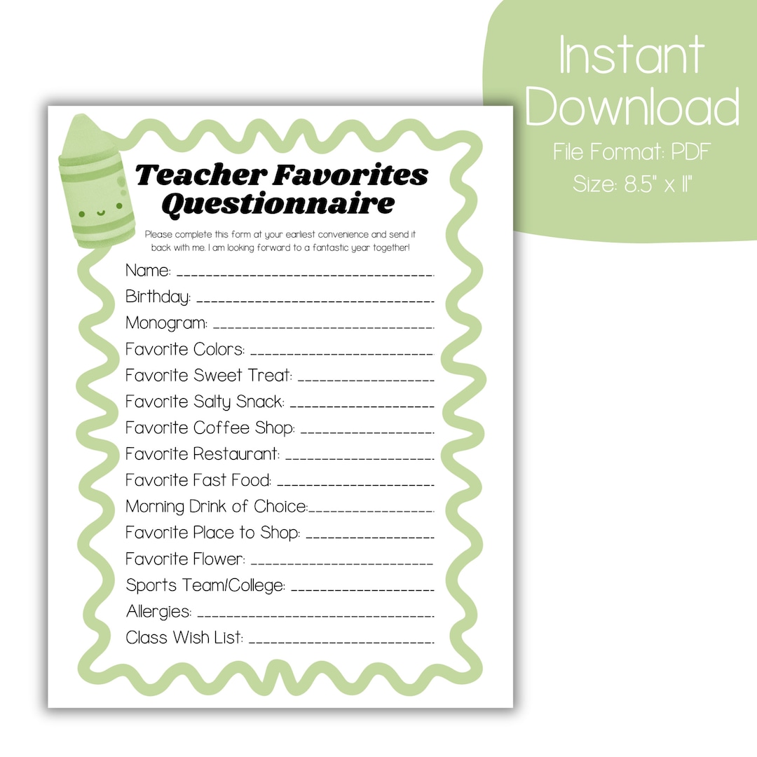 Printable Teacher Favorites Questionnaire - Back to School Teacher Gift ...