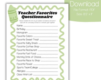 Printable Teacher Favorites Questionnaire - Back to School Teacher Gift ...