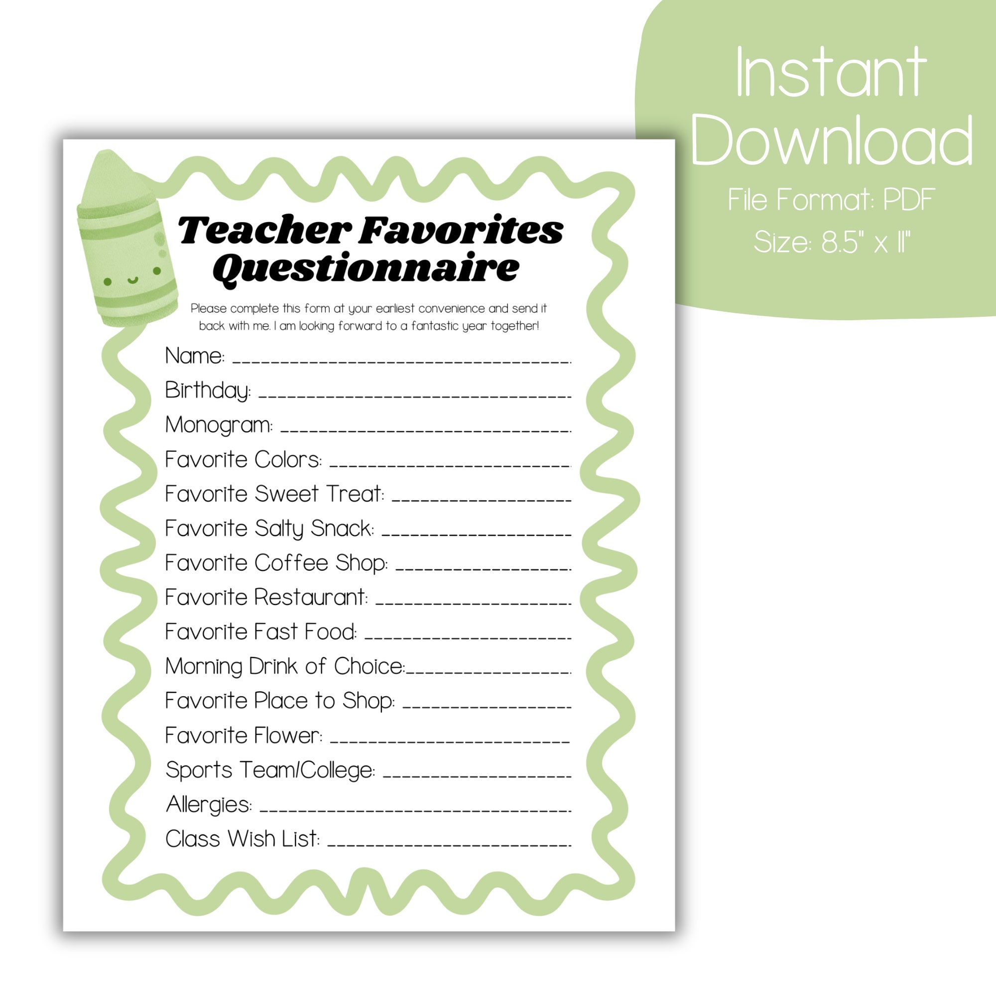 Printable Teacher Favorites Questionnaire - Back to School Teacher Gift ...