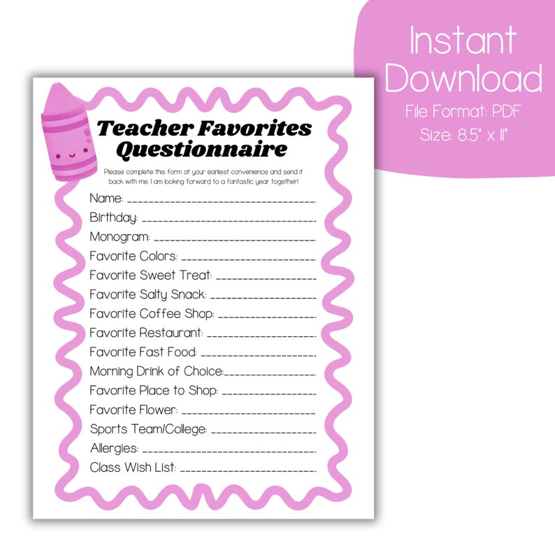 Printable Teacher Favorites Questionnaire - Back to School Teacher Gift ...