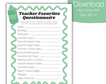 Printable Teacher Favorites Questionnaire - Back to School Teacher Gift ...