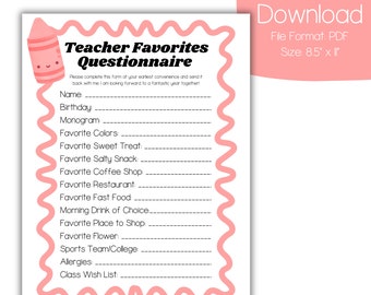 Printable Teacher Favorites Questionnaire - Back to School Teacher Gift ...