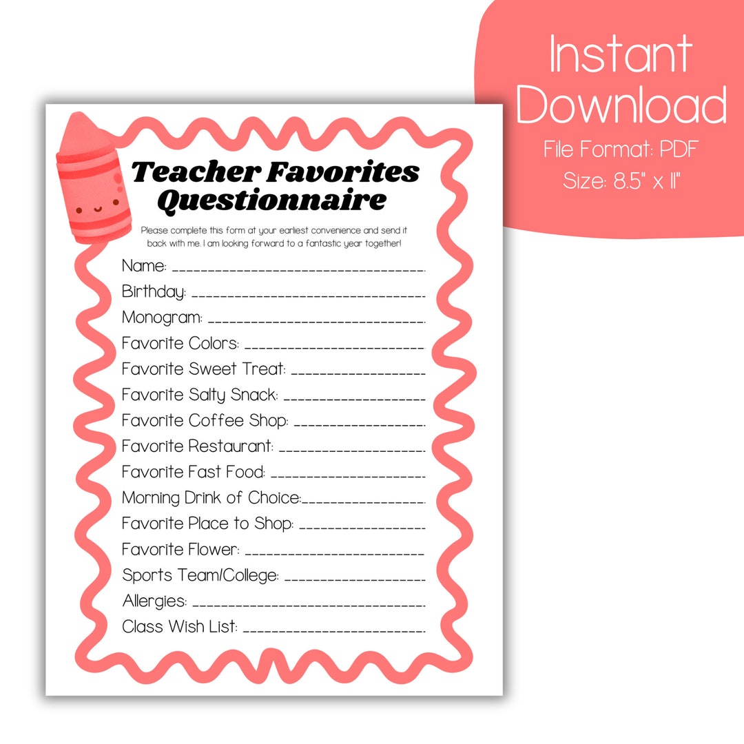 Printable Teacher Favorites Questionnaire - Back to School Teacher Gift ...