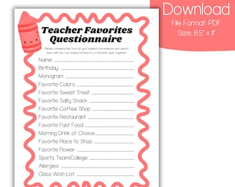 Printable Teacher Favorites Questionnaire - Back to School Teacher Gift ...