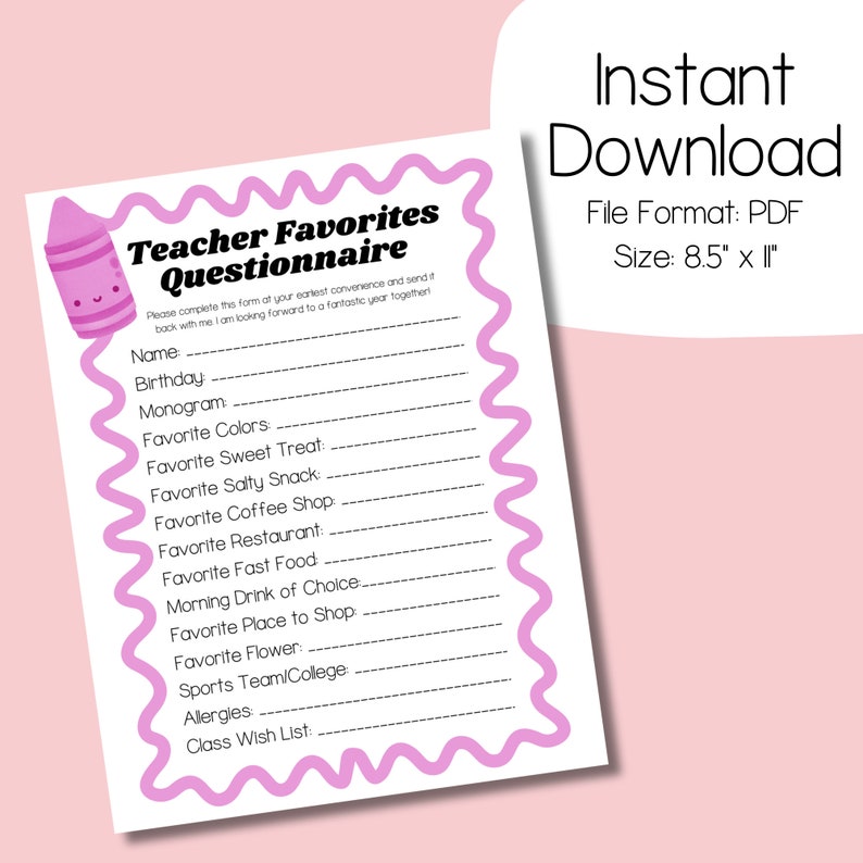 Printable Teacher Favorites Questionnaire - Back to School Teacher Gift ...