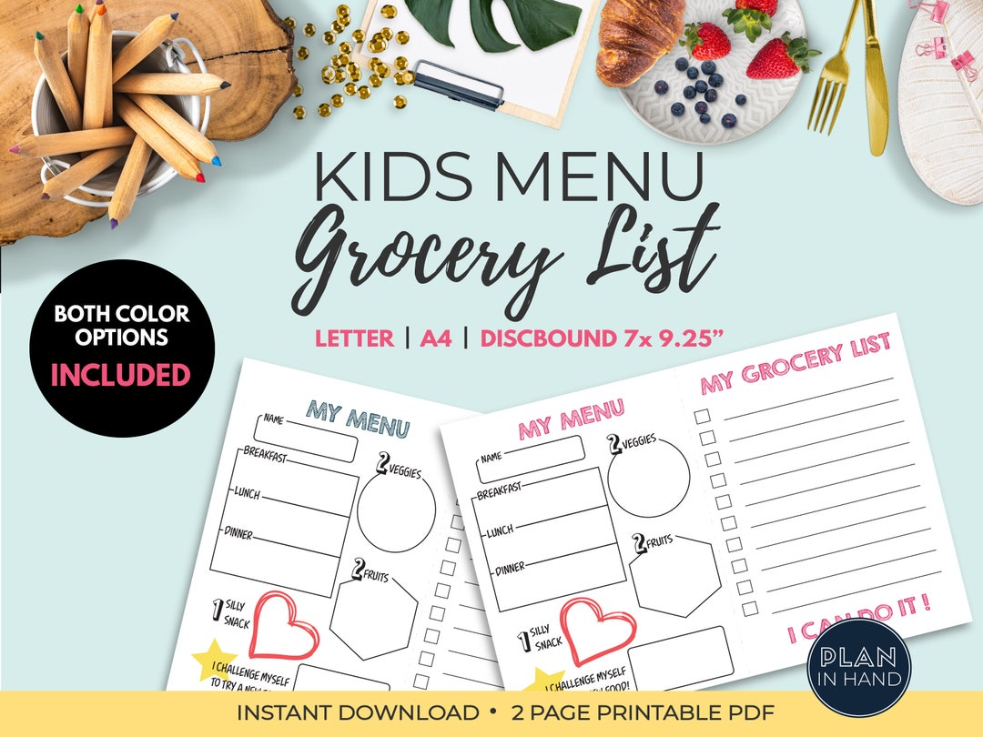 Kids Menu Food Planner Printable Nutrition Worksheet Toddler Meal Plan ...