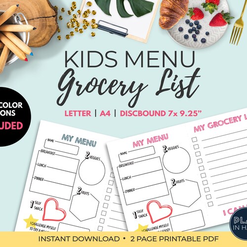 Kids Menu Food Planner Printable Nutrition Worksheet Toddler - Etsy