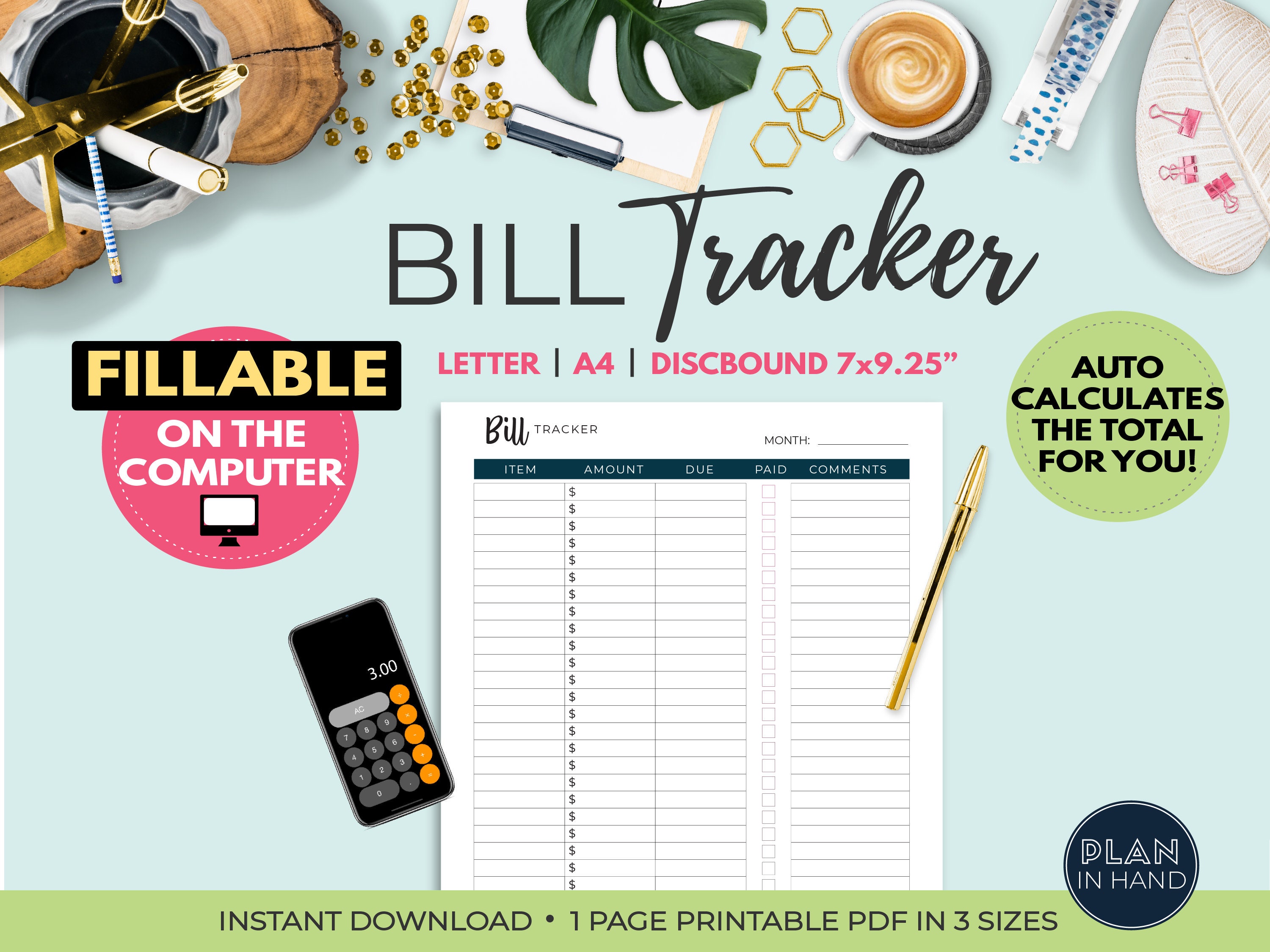 Bill Tracker Printable Fillable Bill Checklist Bill Tracker Planner ...