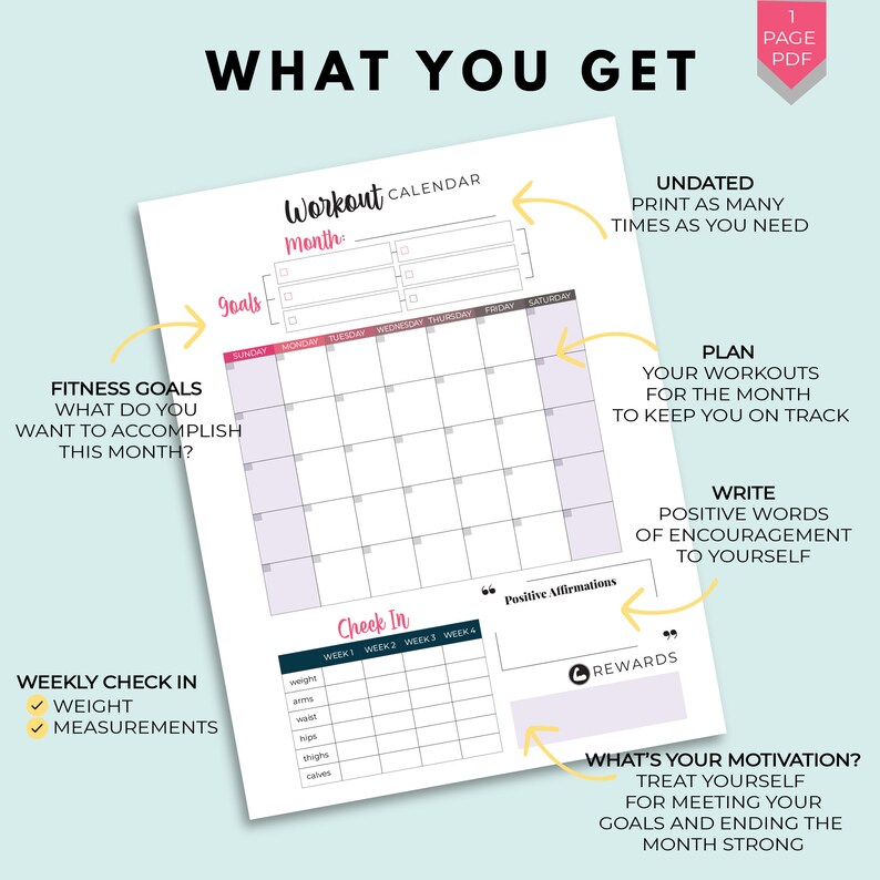 Monthly Workout Calendar Printable Digital Workout Calendar Fitness ...