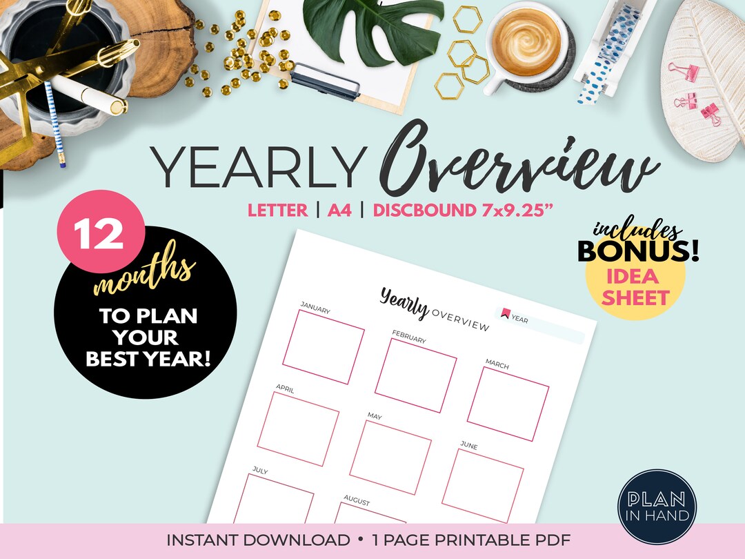 Yearly Overview Year at a Glance Printable Vision Board Printable Blank ...
