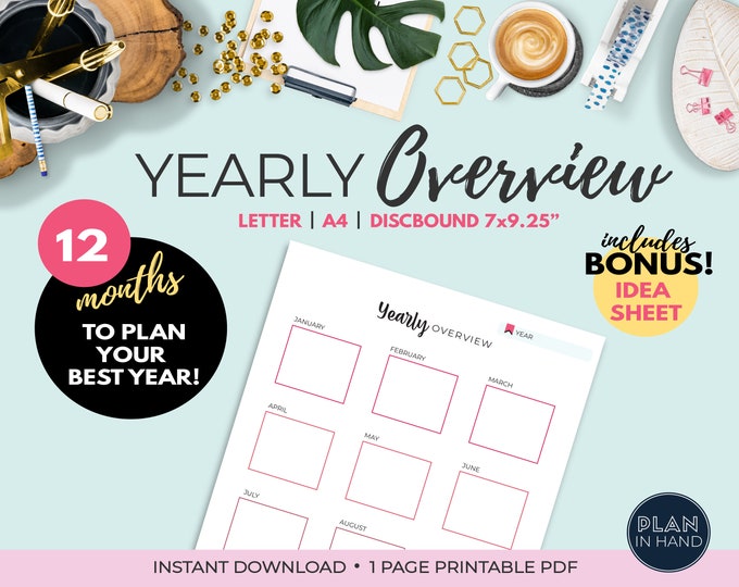 Yearly Overview Year at a Glance Printable Vision Board Printable Blank ...