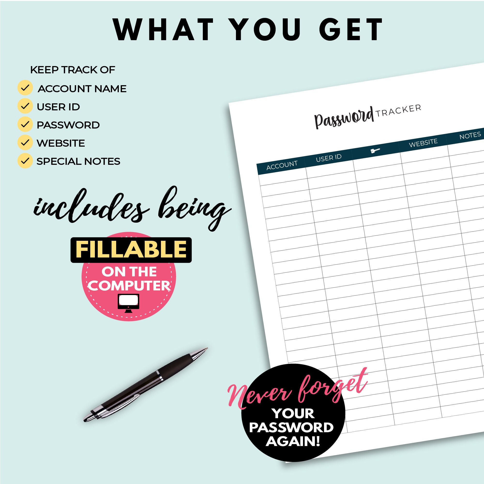 Password Tracker Printable Fillable Password Keeper Password Organizer ...