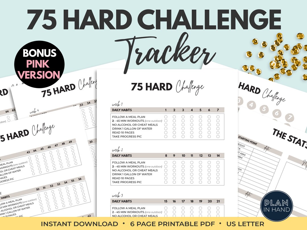 75 Hard Challenge Tracker Printable Fitness Tracker Habit Tracker 75 ...