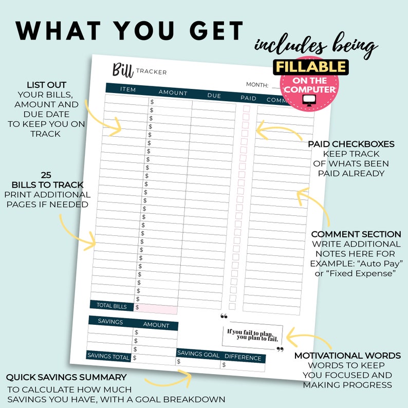 Bill Tracker Printable Fillable Bill Checklist Bill Tracker Planner ...