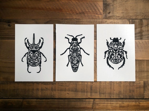 Damask CMYK Beetle Trio Block Print - Etsy