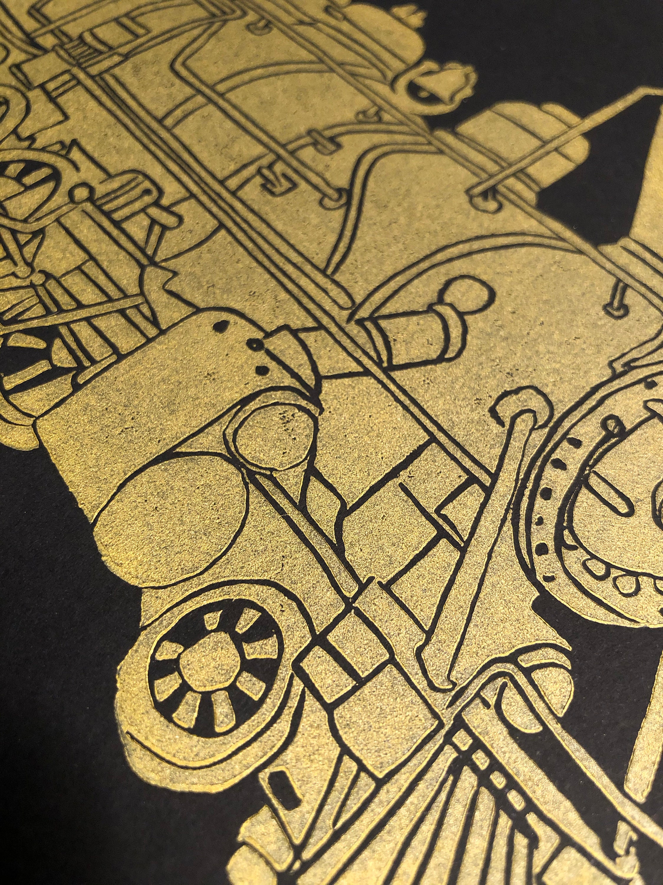 Black & Gold Steam Locomotive Train Block Print - Etsy