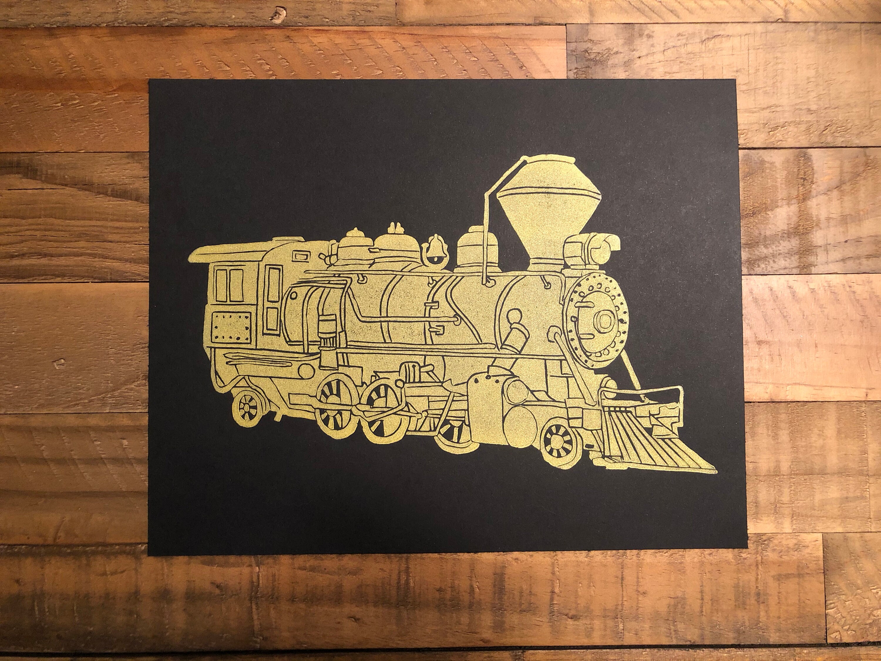 Black & Gold Steam Locomotive Train Block Print - Etsy