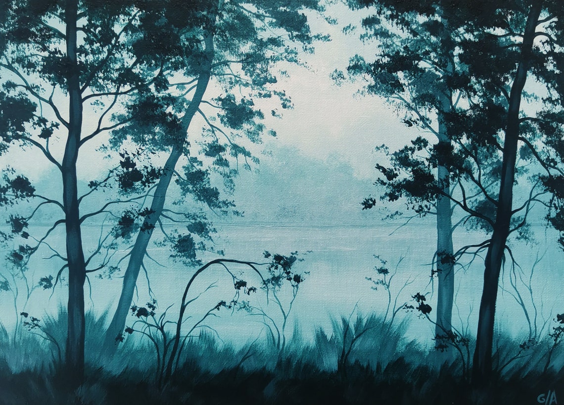 Dark landscape painting Original Art Trees forest painting | Etsy