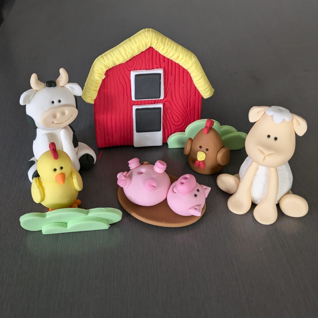 8 Pack Barn Yard Cake Topper Set (with RED Barn), Fondant Farm Yard ...