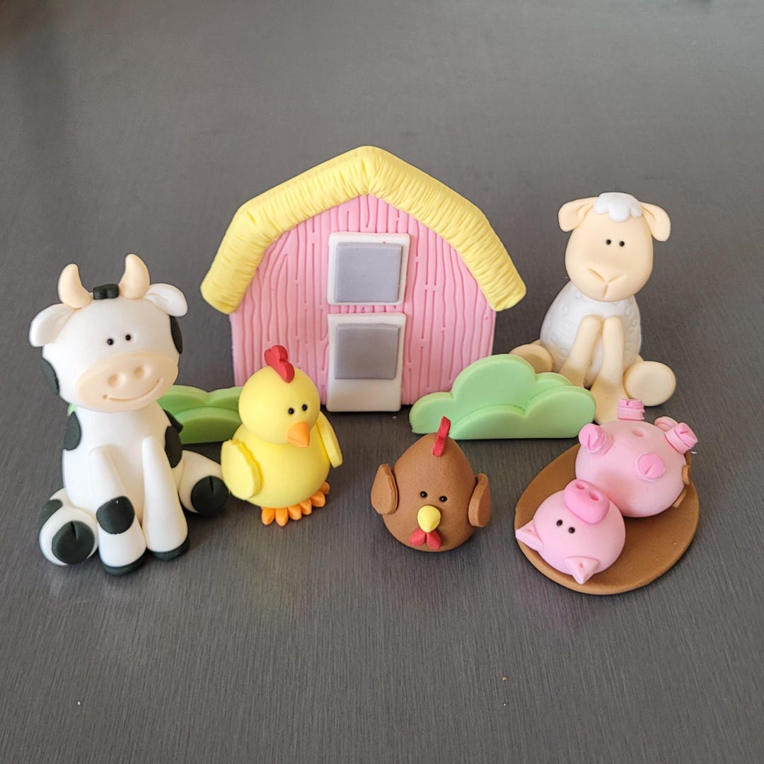 8 Pack Barn Yard Cake Topper Set (with PINK Barn), Fondant Farm Yard ...