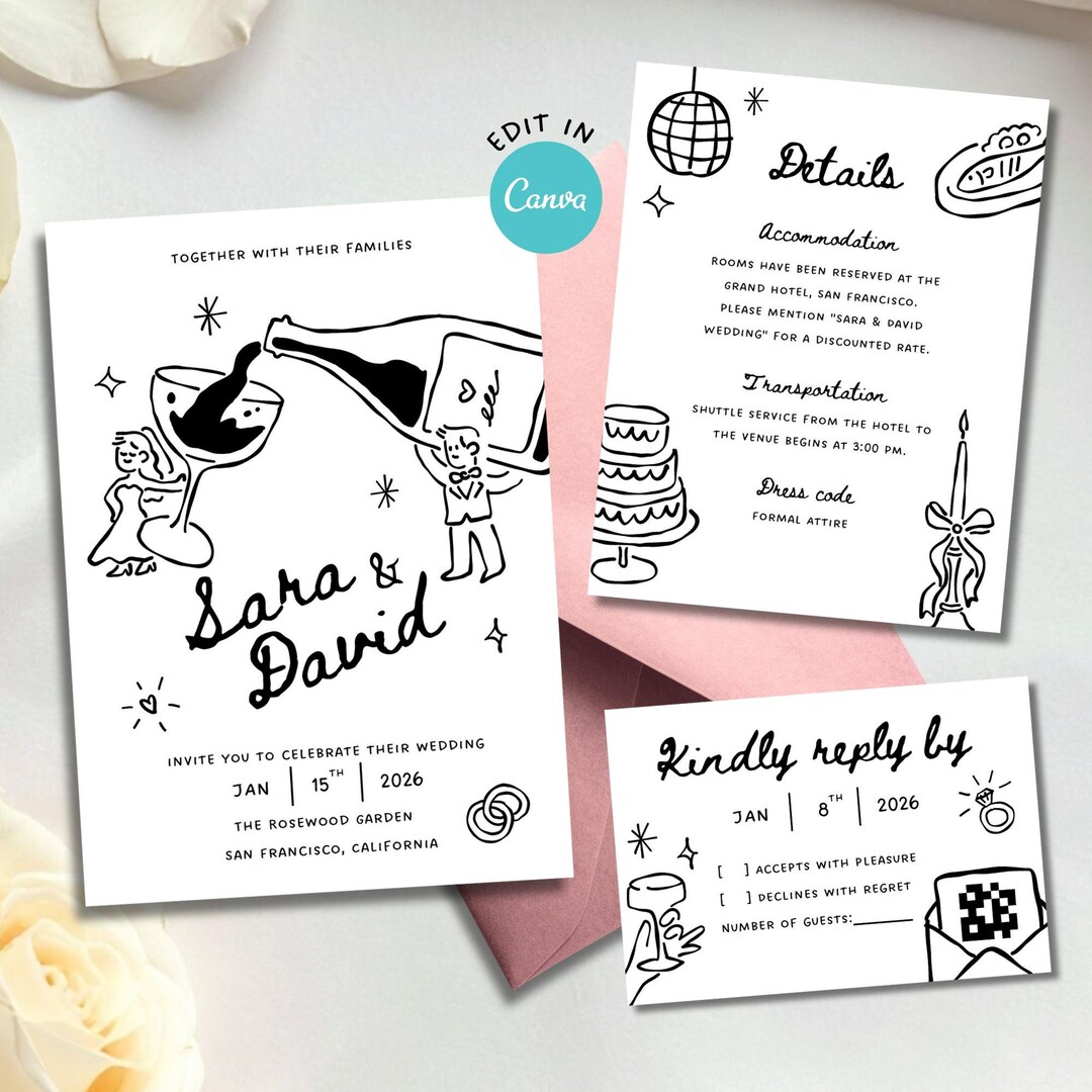 Doodle Wedding Invitation Set: Hand-drawn Illustration (canva Template ...