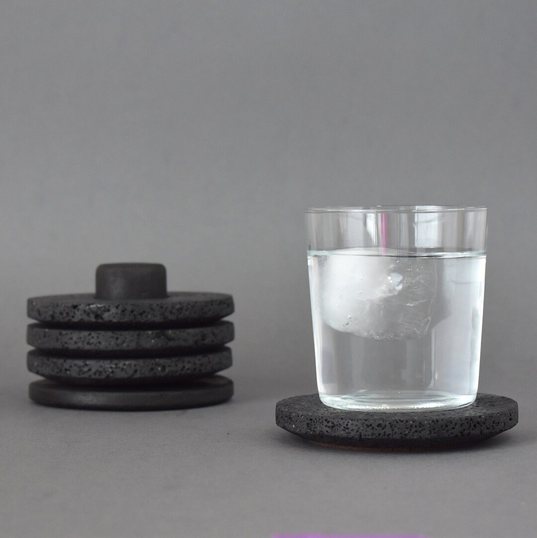 Water Disc Round Stone Coaster Set of 4 With Oak Wood Holder. Absorbent ...