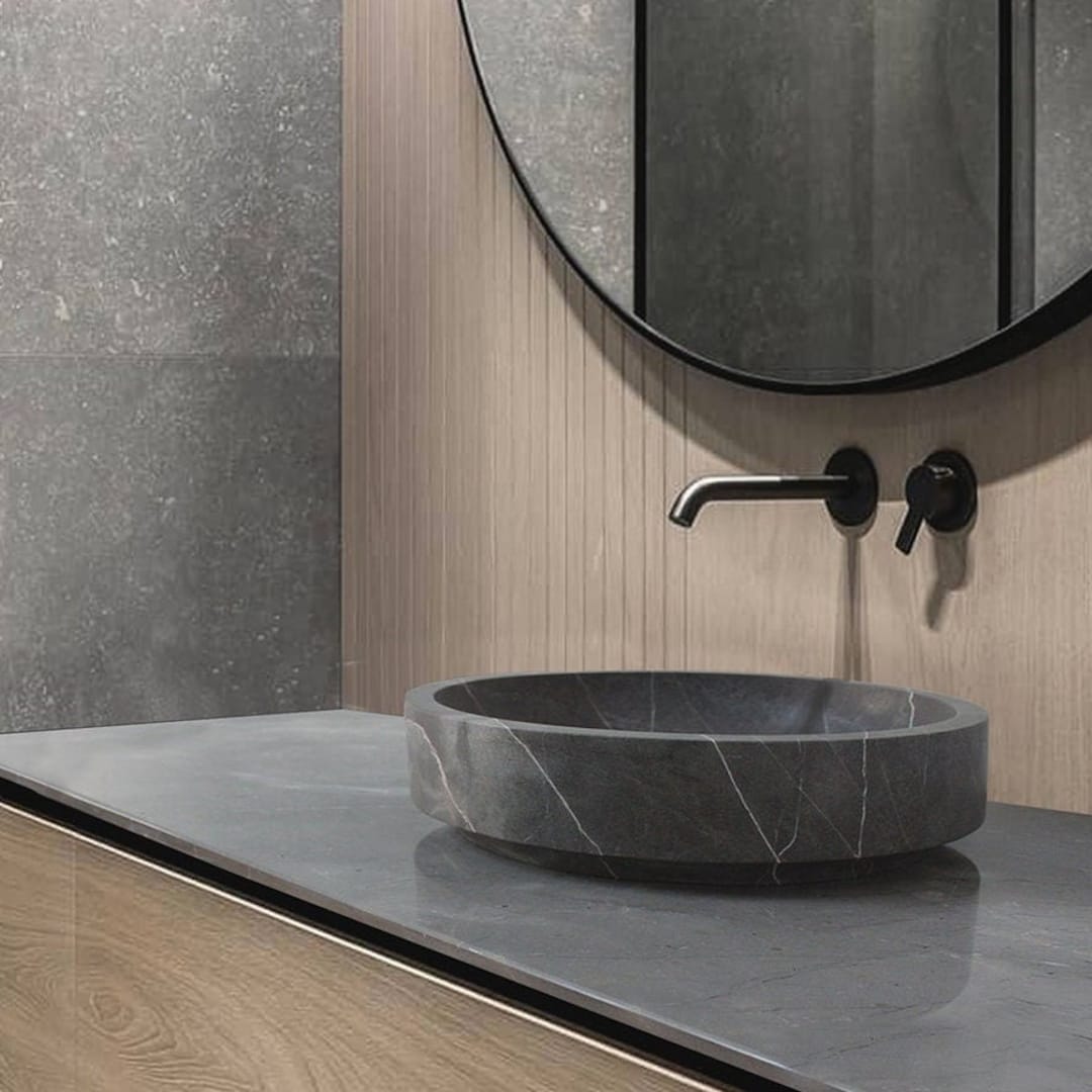 Roca Gray Round Natural Marble Stone Vessel Sink Washbasin. High ...