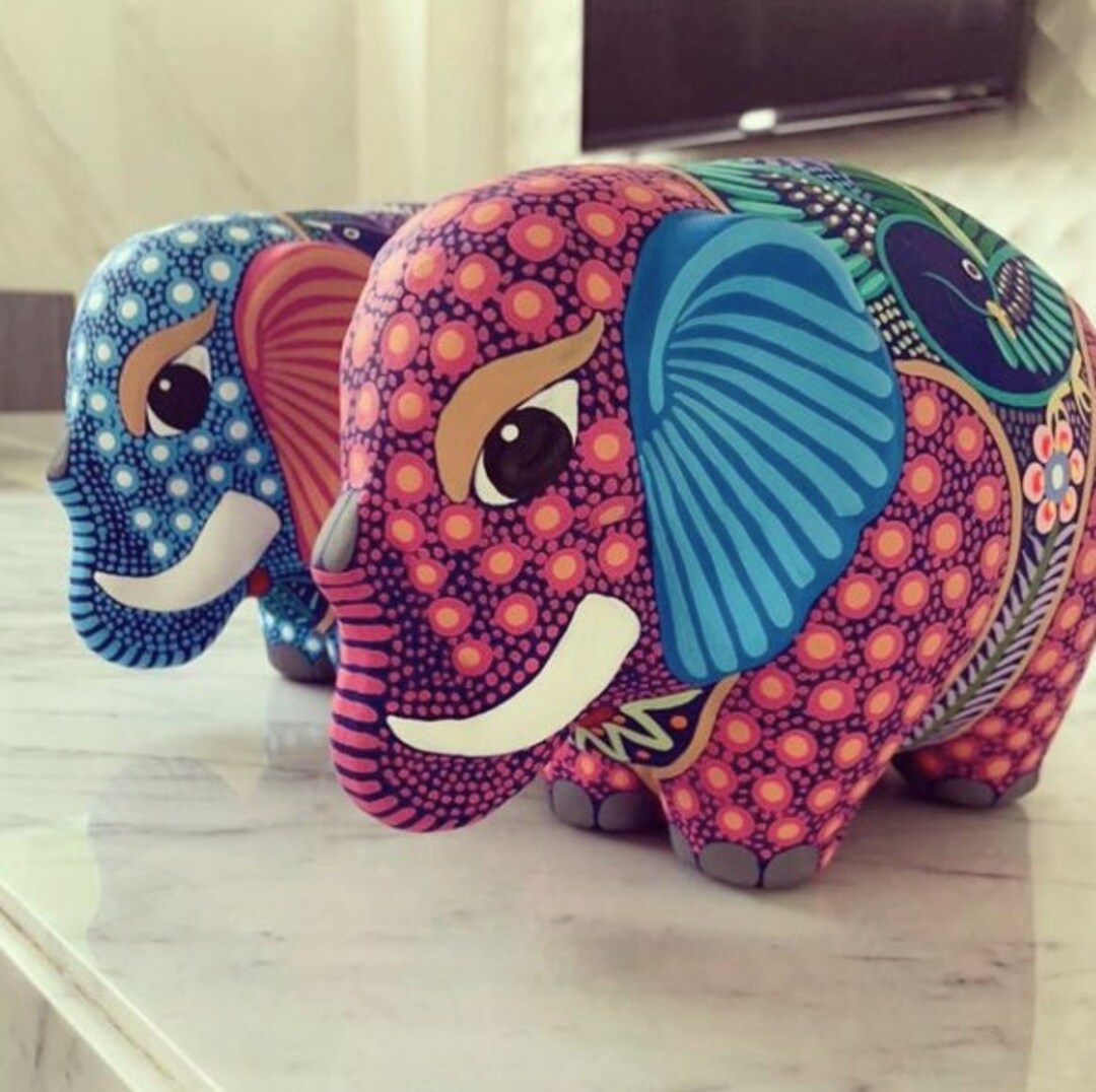 Hand-painted Mexican Huichol Elephant. Mexican Decor. Handmade and Hand ...