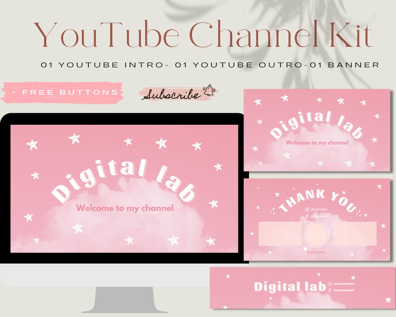 Aesthetic Custom Animated Youtube Intro Outro, Youtube Banner, Template Canva Editable, Pink ...