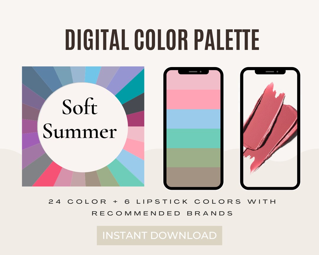 Soft Summer Seasonal Color Swatch, 24 Palette Colors, 6 Lipstick Shades ...